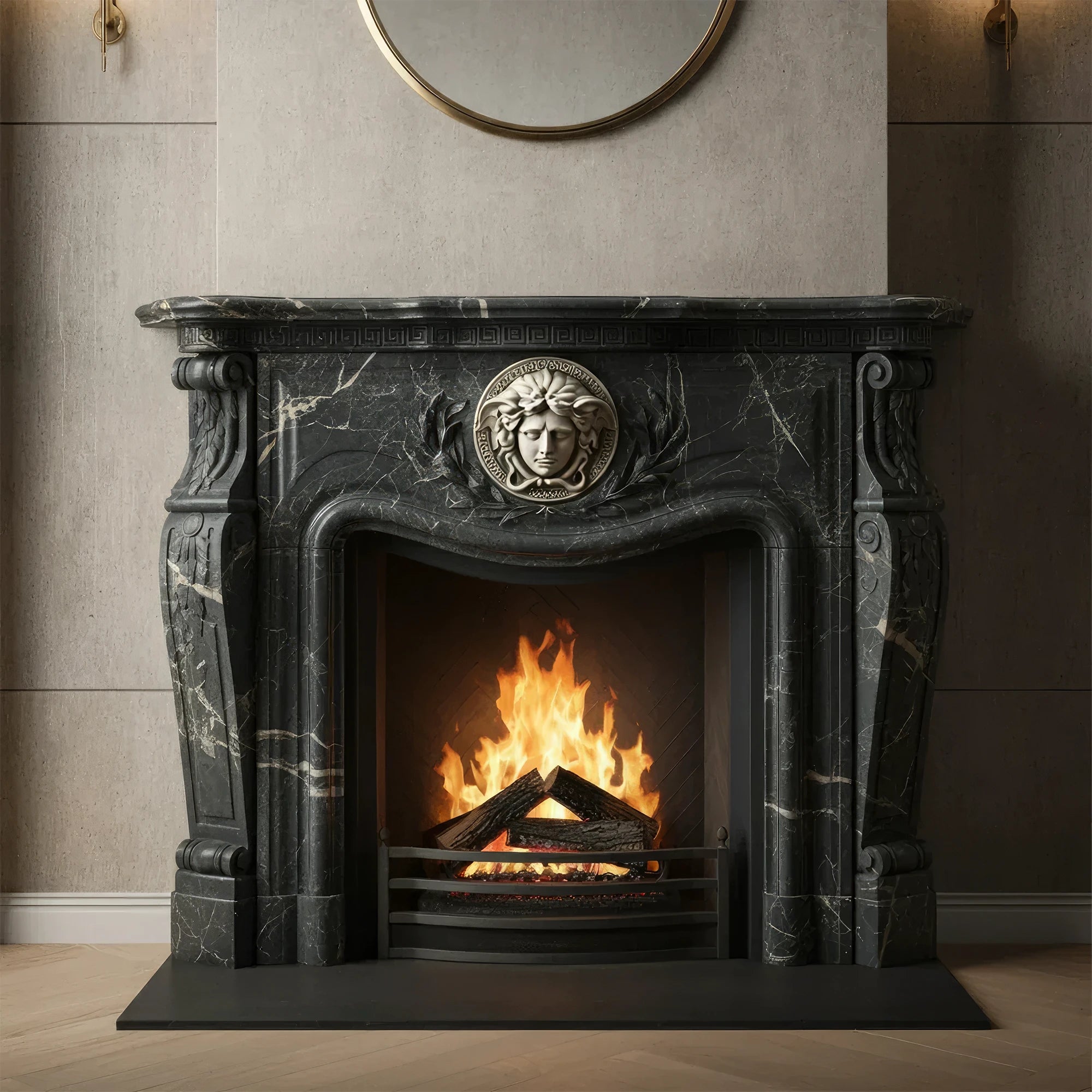 Ornate Marble Fireplace Mantel with Lion Emblem - ONS Marble